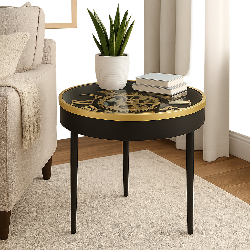 Mercer41 Round Glass-top End Table With Roman Numeral Clock Design ...