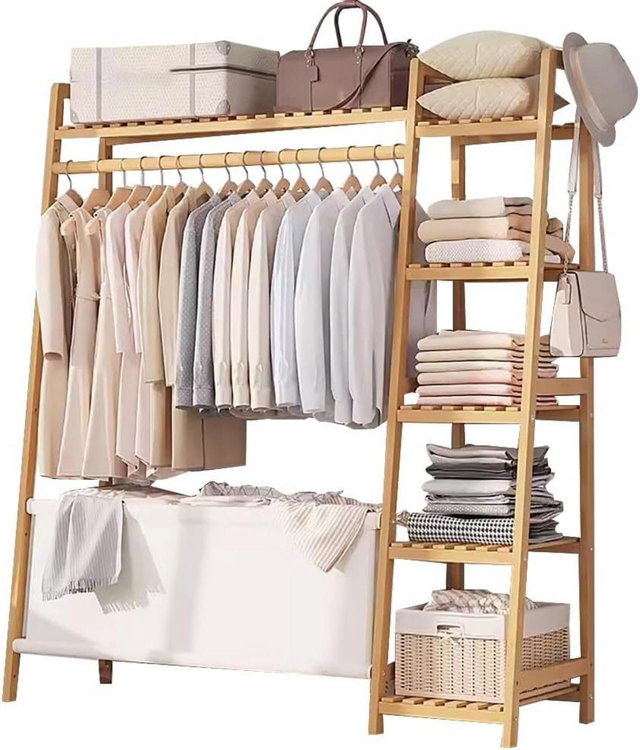 Rebrilliant Bamboo Clothing Shelf with Bag Storage – Multifunctional ...
