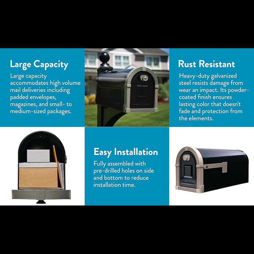 Invenitiah Brunswick Large, Steel, Post Mount Mailbox, Black With ...