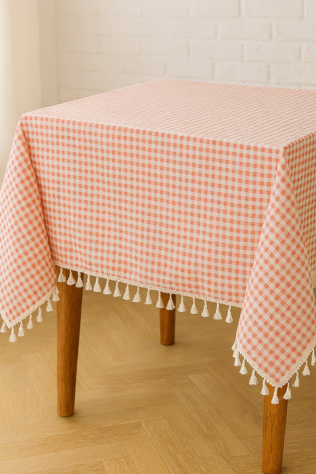 Gracie Oaks Brown Gingham Check Tasseled Cotton Blend Square Tablecloth ...