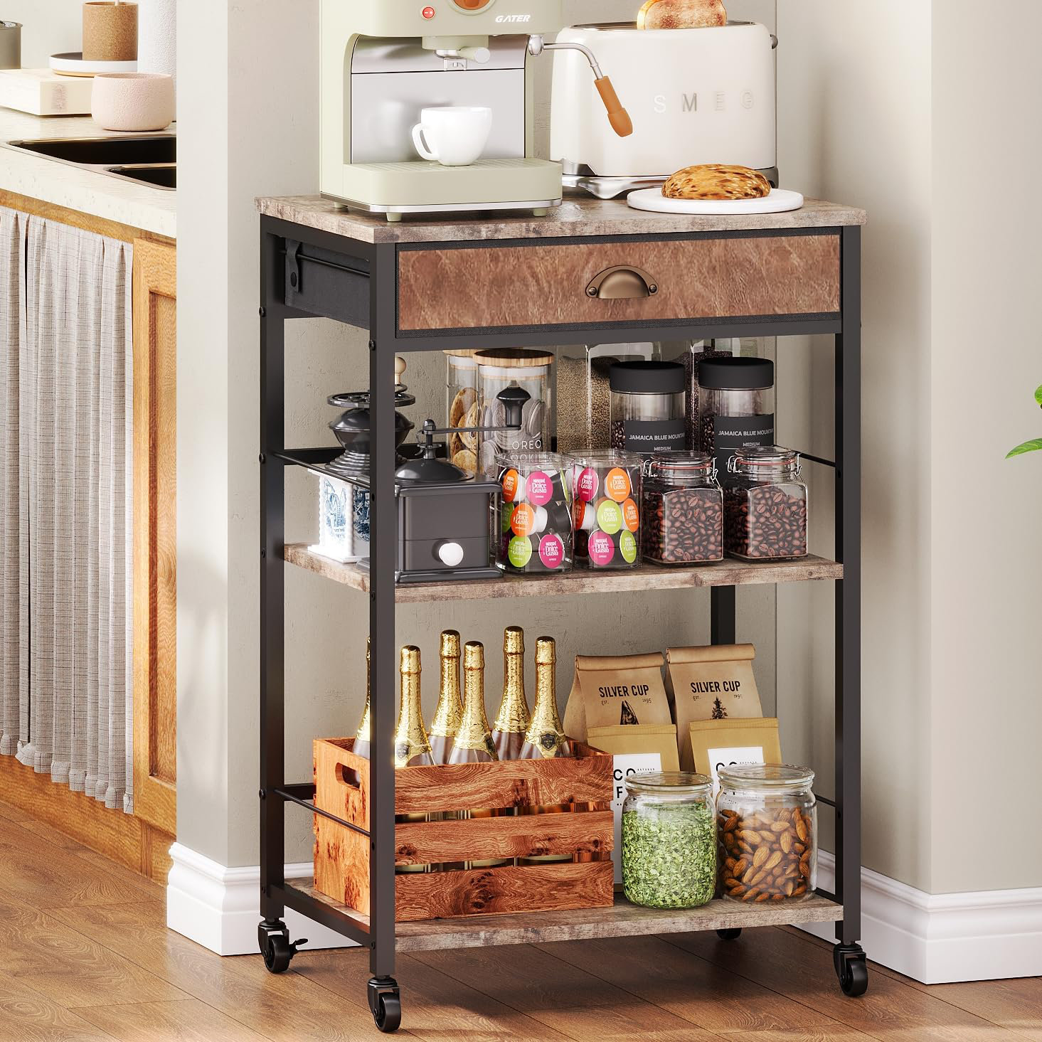 17 Stories Coffee Bar Cart With Storage, 3-Tier Coffee Table With ...