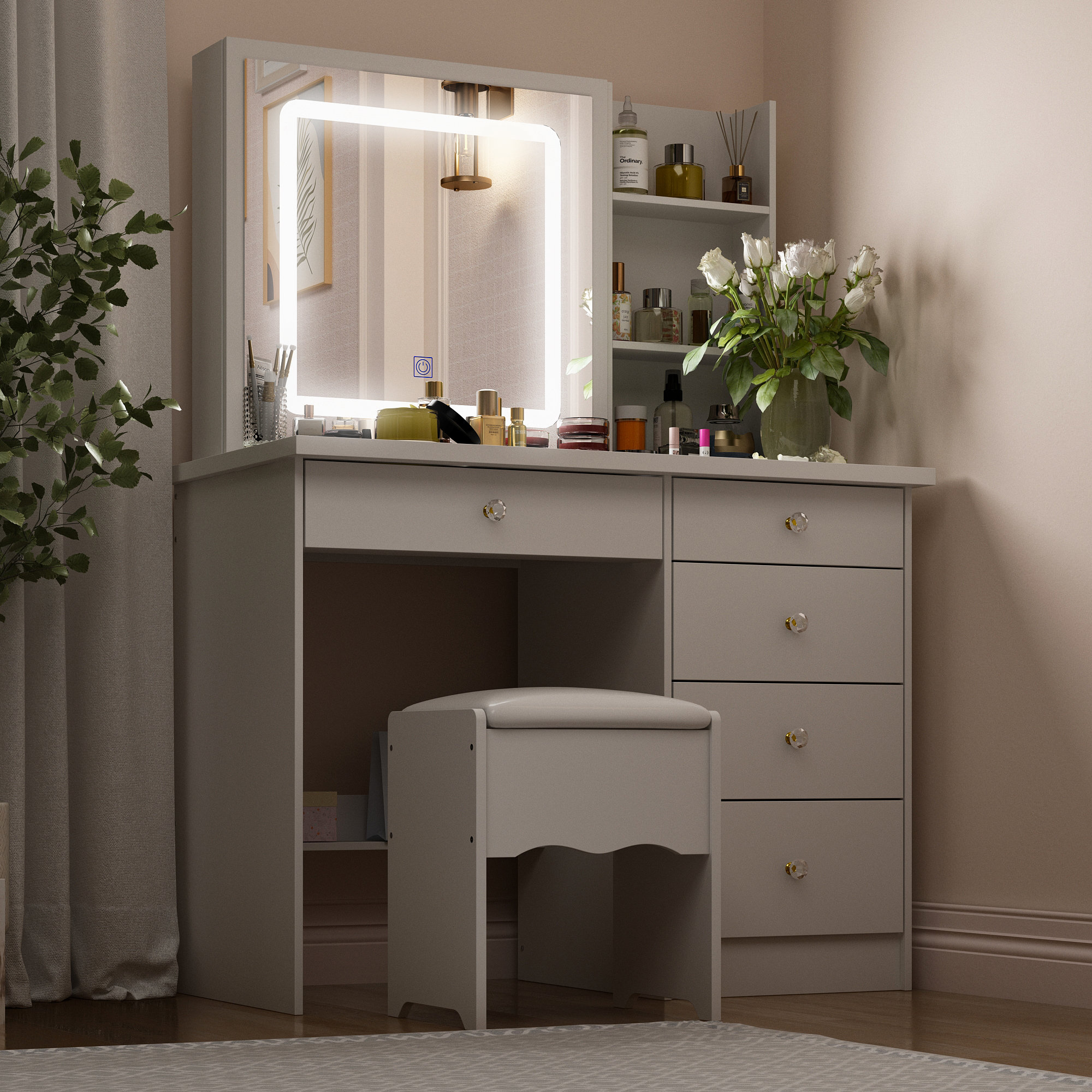 Wrought Studio™ Makeup Vanity Set With Sliding Mirror And Lights ...