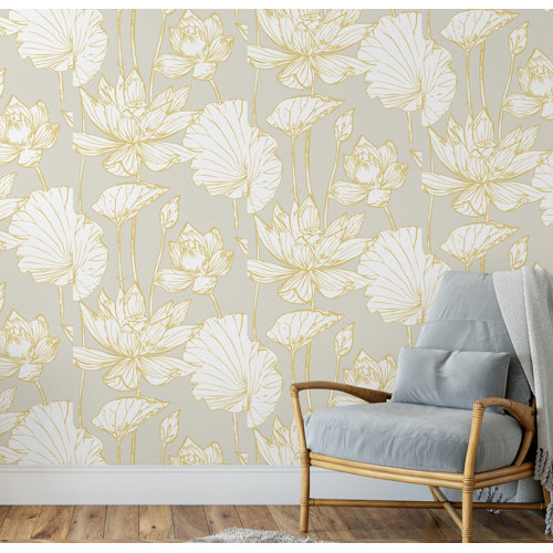 Rosdorf Park Ateeb Golden Oriental Lotus Flower Peel & Stick Wallpaper ...