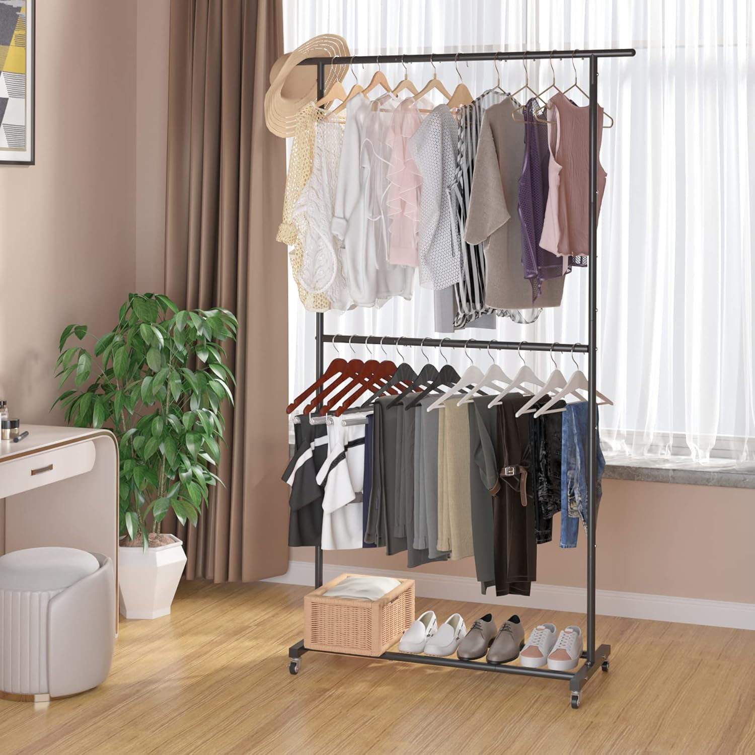 Rebrilliant Double Rod Clothing Garment Rack, Rolling Clothes Organizer ...