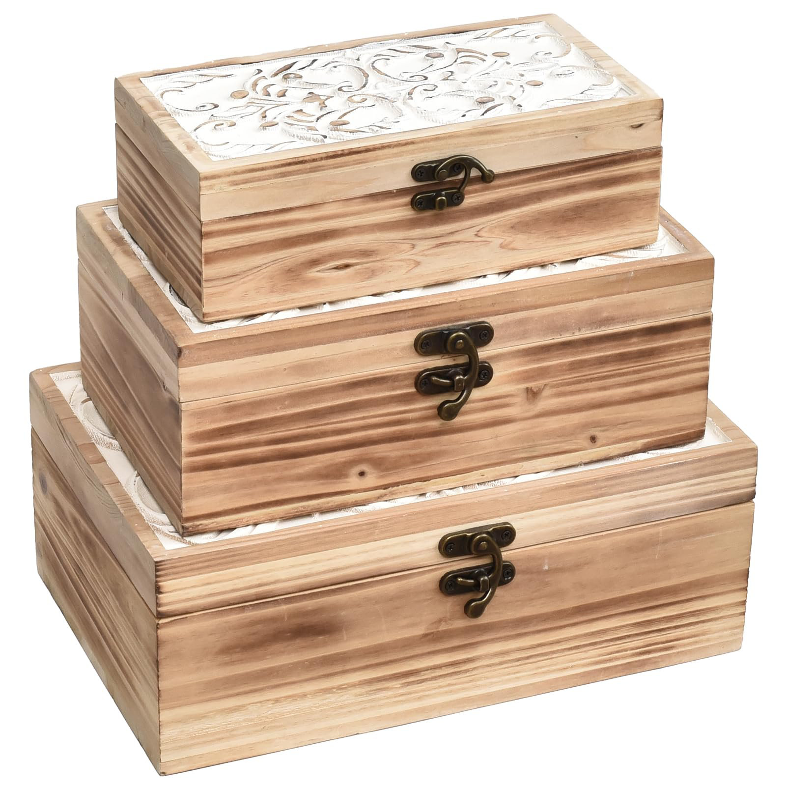 One Allium Way® Set of 3 Rustic Wooden Boxes with Hinged Lid and Carved ...
