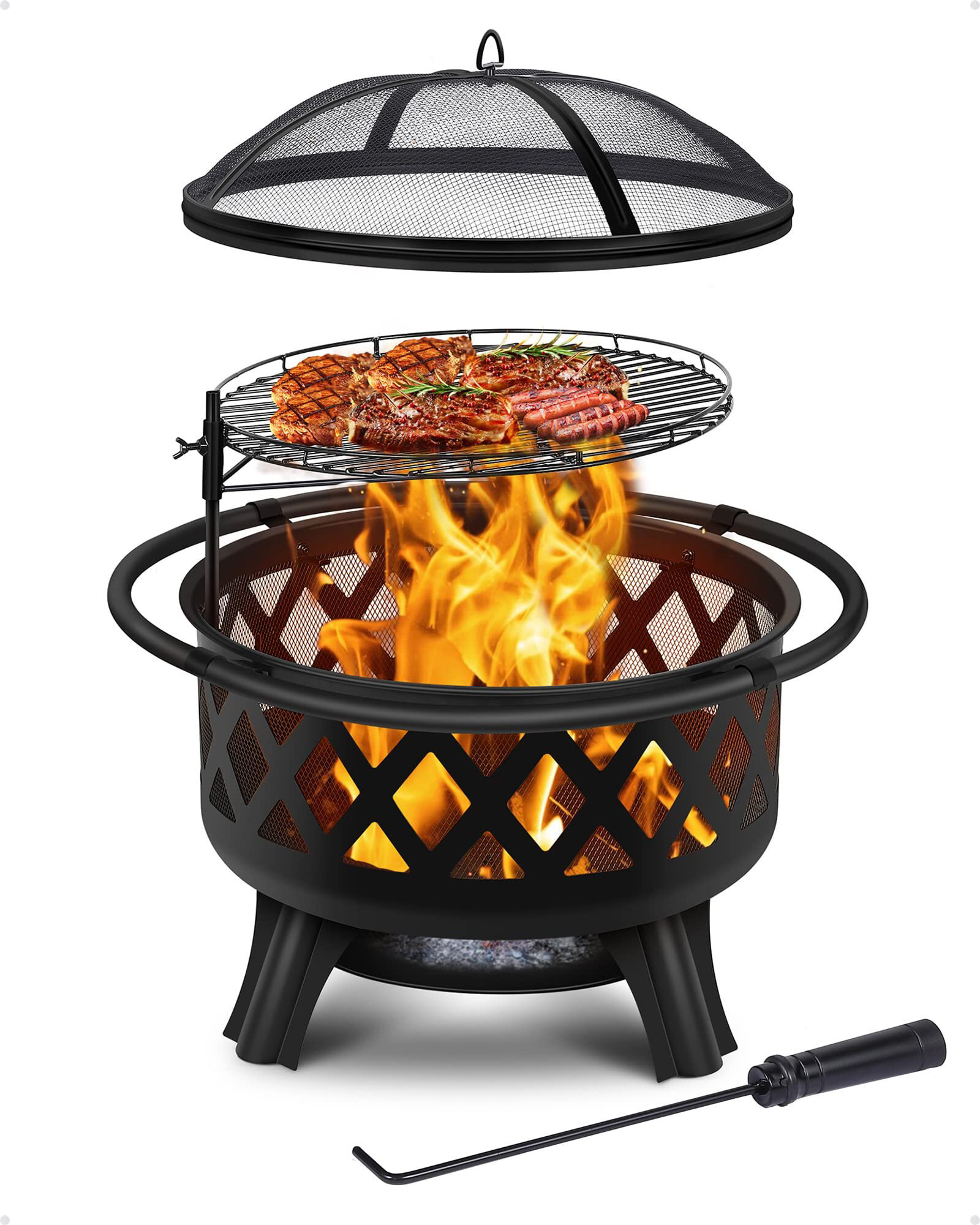 Homhougo Outdoor 2 In 1 Fire Pit 30" Wood Burning Firepit With Grill ...