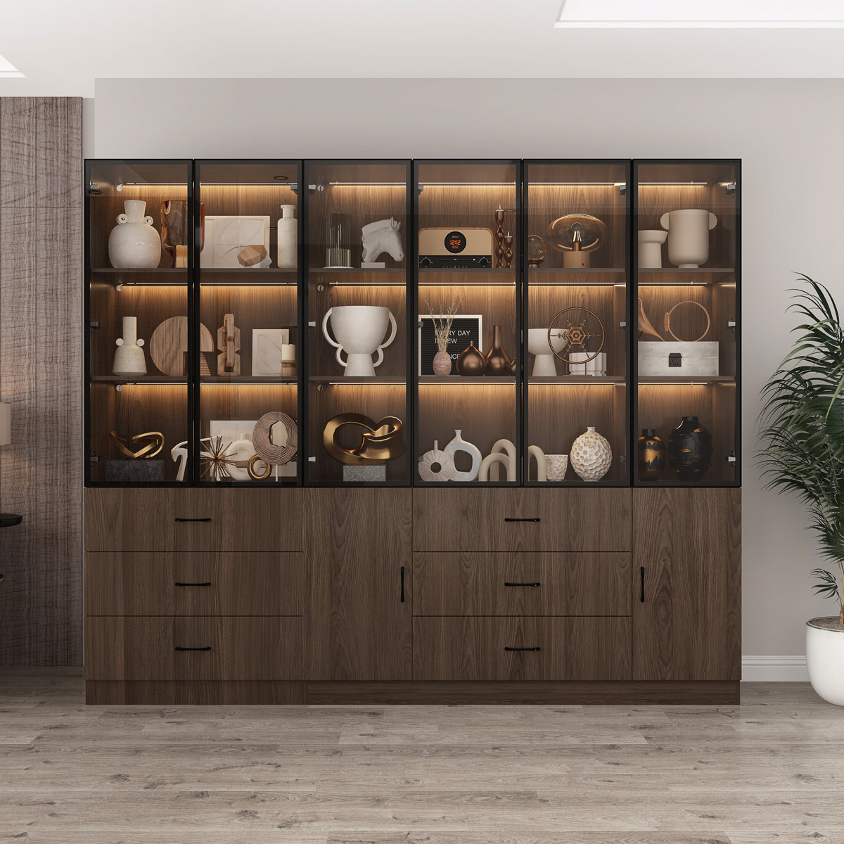 Morinome 94.4" Wide Glass Door & LED Lights Display Case Curio Cabinet ...