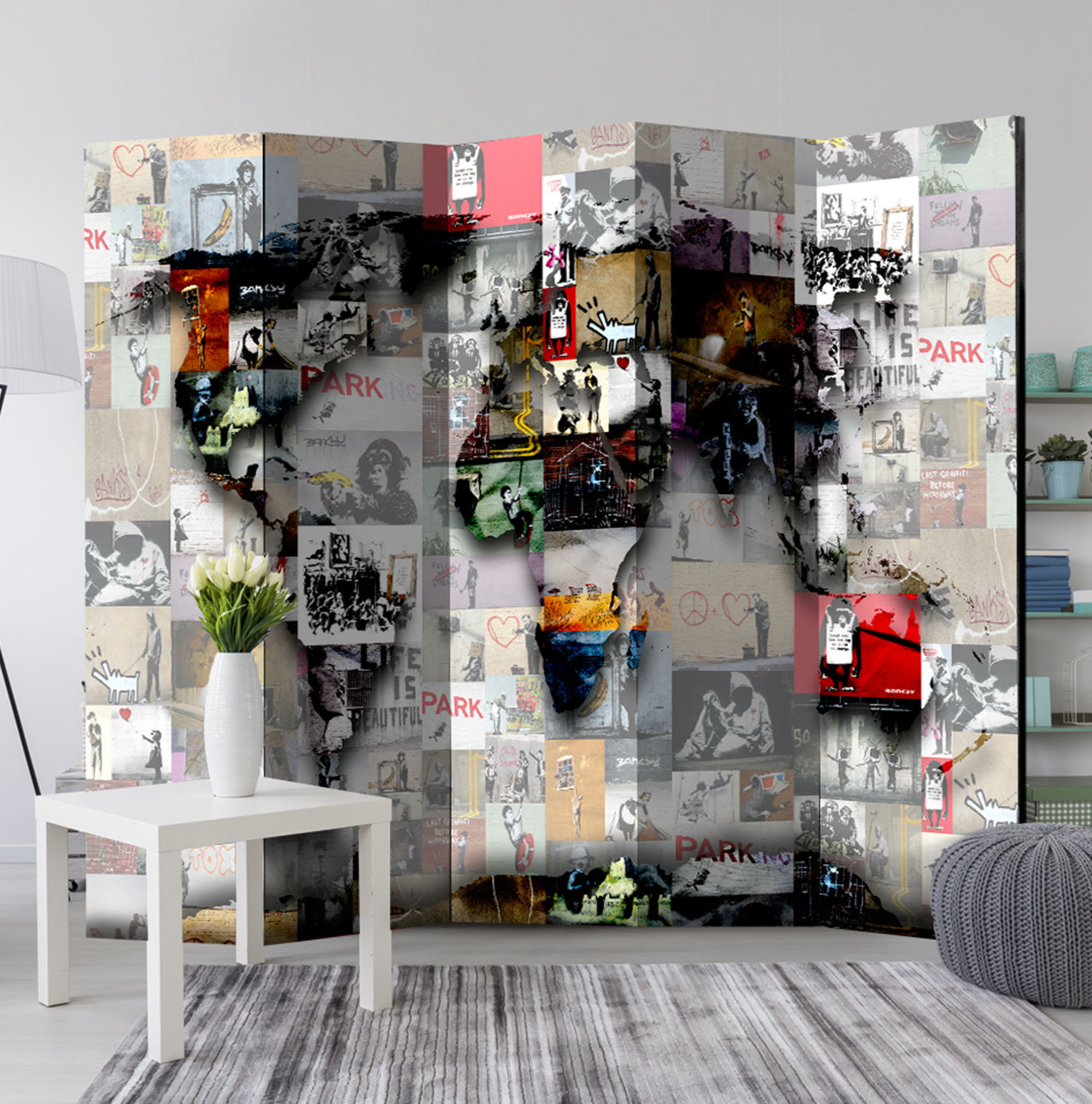 East Urban Home World Map Banksy 89'' W x 68'' H 5 - Panel Solid Wood ...