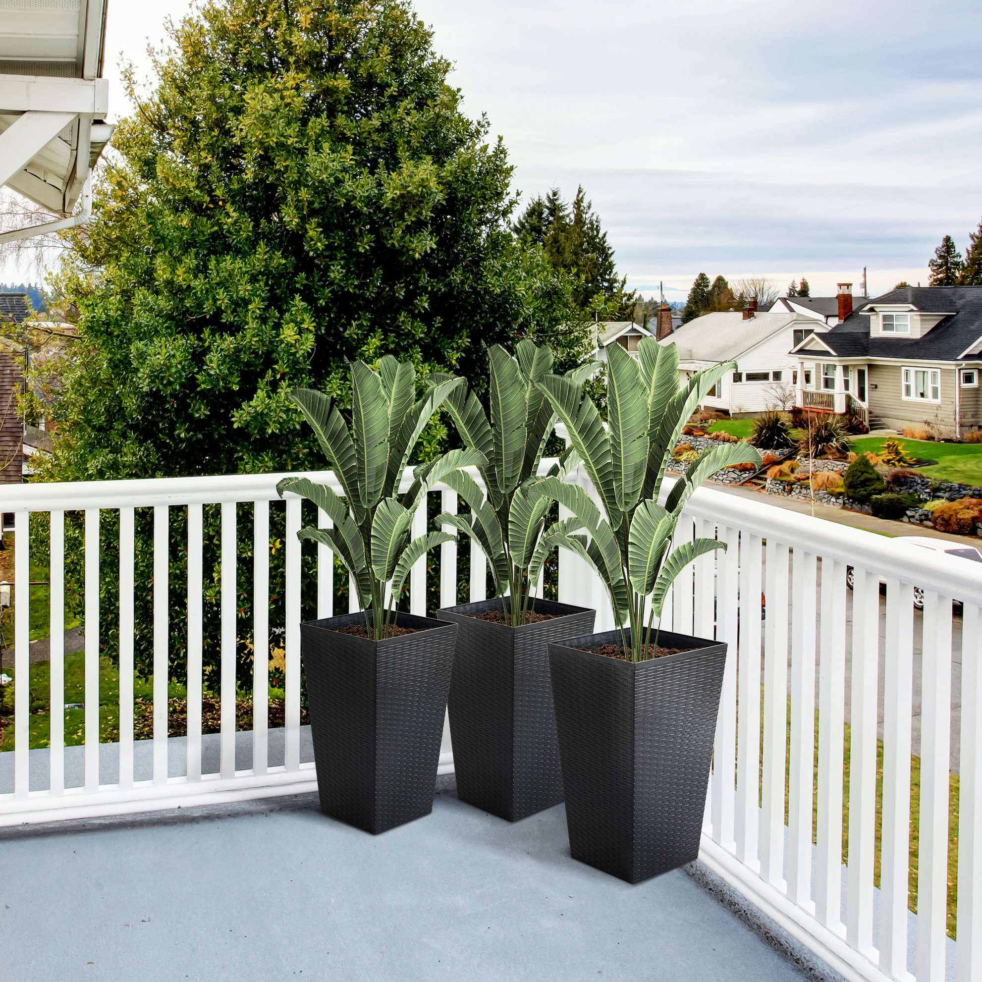Dakota Fields Tall Planters Of 3, Drainage Flower Pots, Black For Deck ...