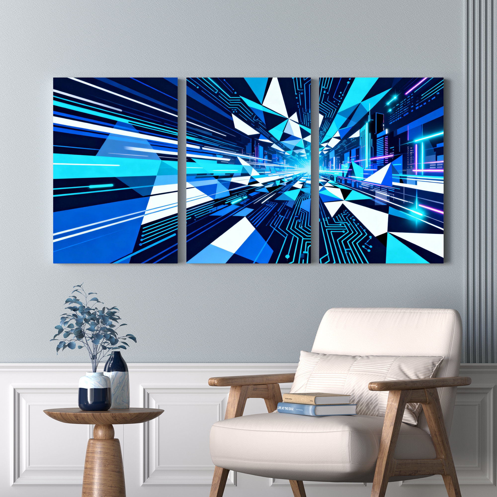Wrought Studio Abstract Geometric Circuit Blue Neon Tech Canvas Wrapped ...