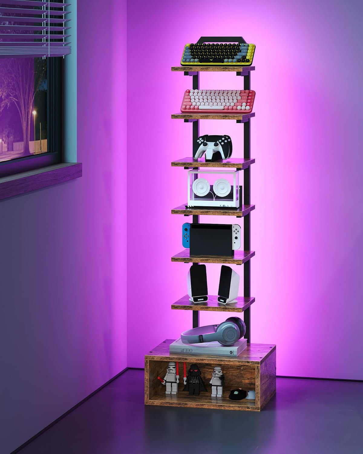 Latitude Run® 8-Tier Bookshelf, LED Bookcase With Semi-Open Bottom ...