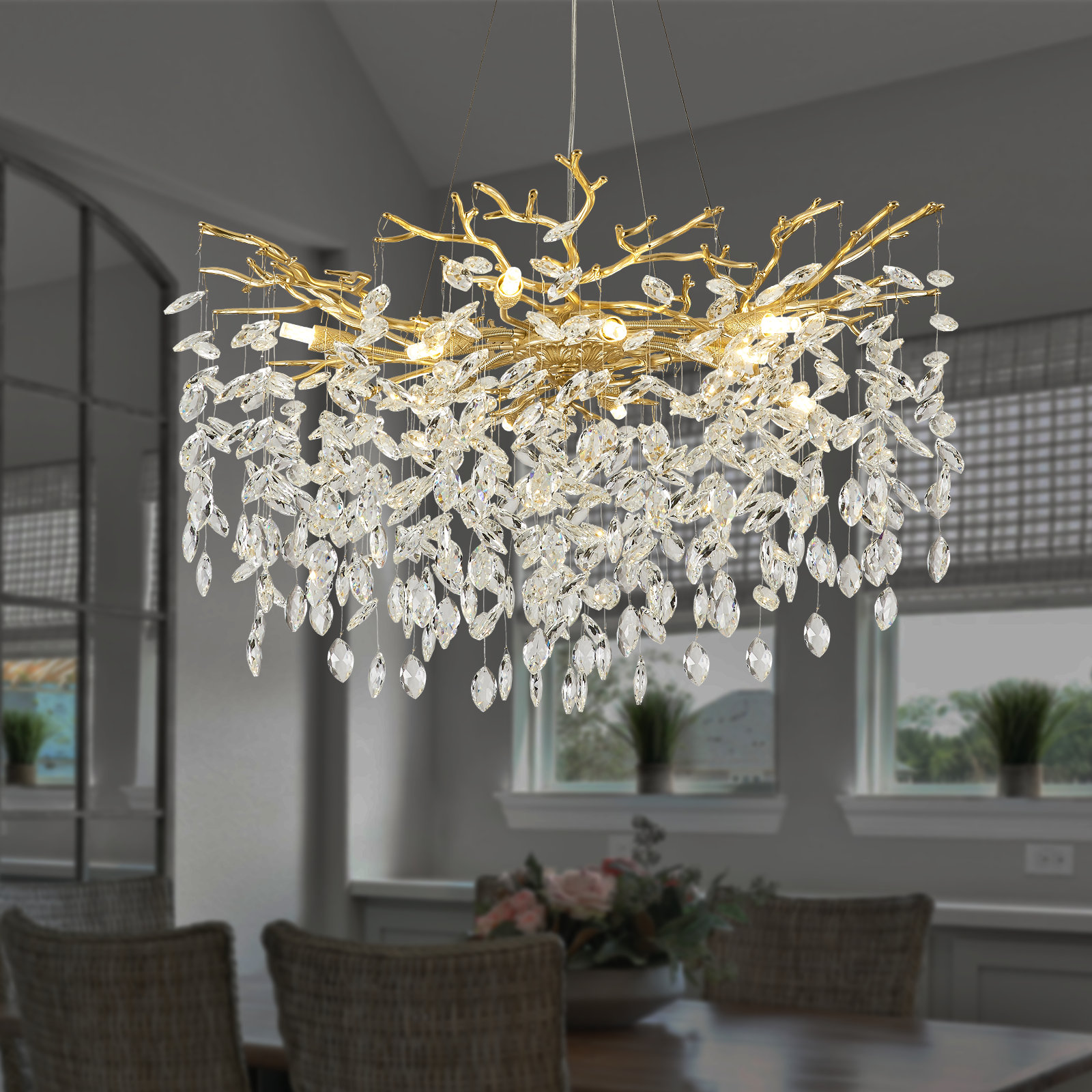 Akari Lanterns 9 Lights 24 inch Gold Tree Branch Crystal Chandelier ...