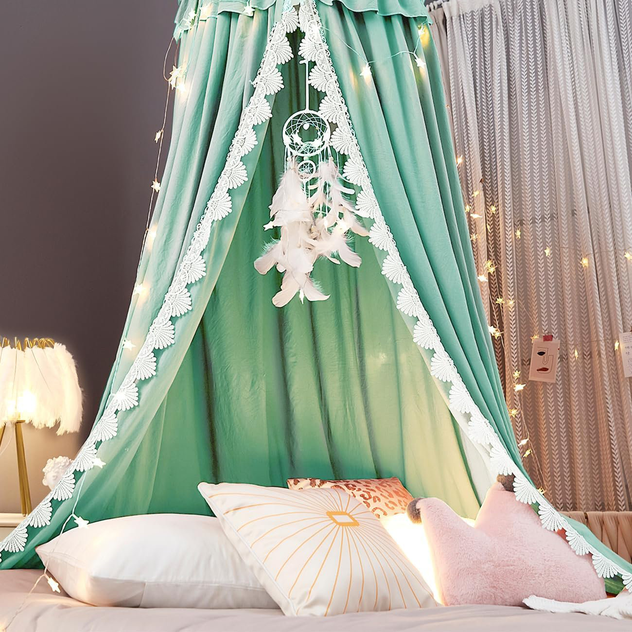 Harper Orchard Bed Canopy for Girls, Ruffled Soft Pink Princess Canopy ...