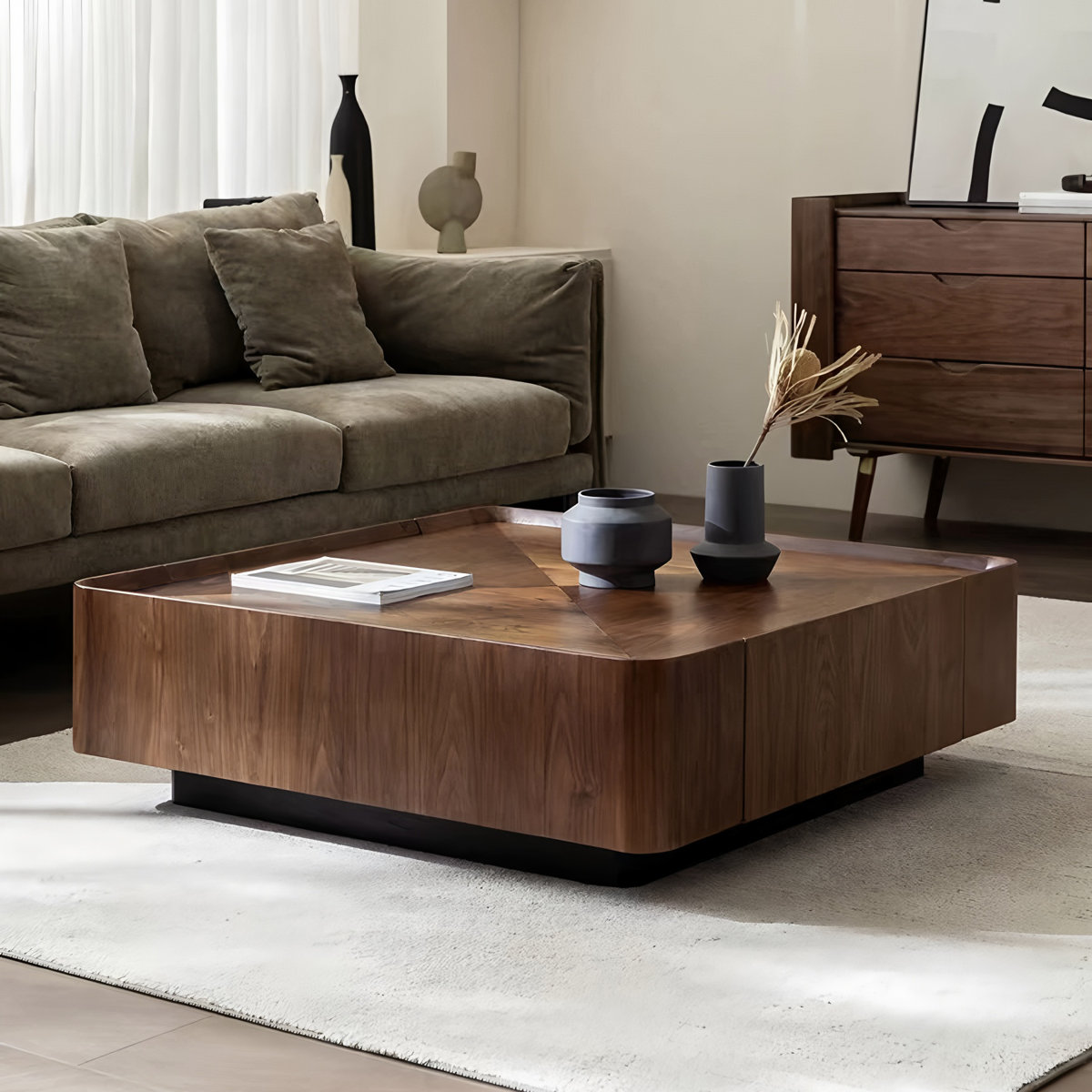 Loon Peak® High-End Square Walnut Coffee Table with Hidden Storage and ...