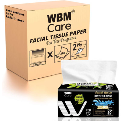 WBM LLC WBM Care Facial Tissues with Tea Tree Fragrance, 2-Ply, 200 ...