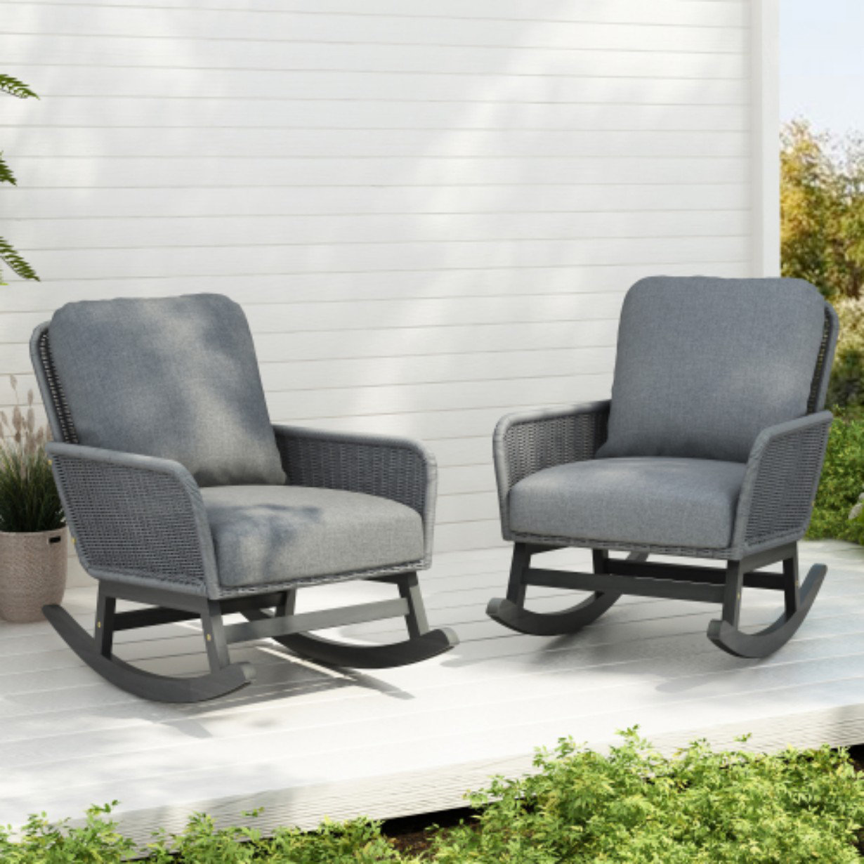 Dakota Fields Set of 2, modern outdoor wicker rocking chairs with soft ...