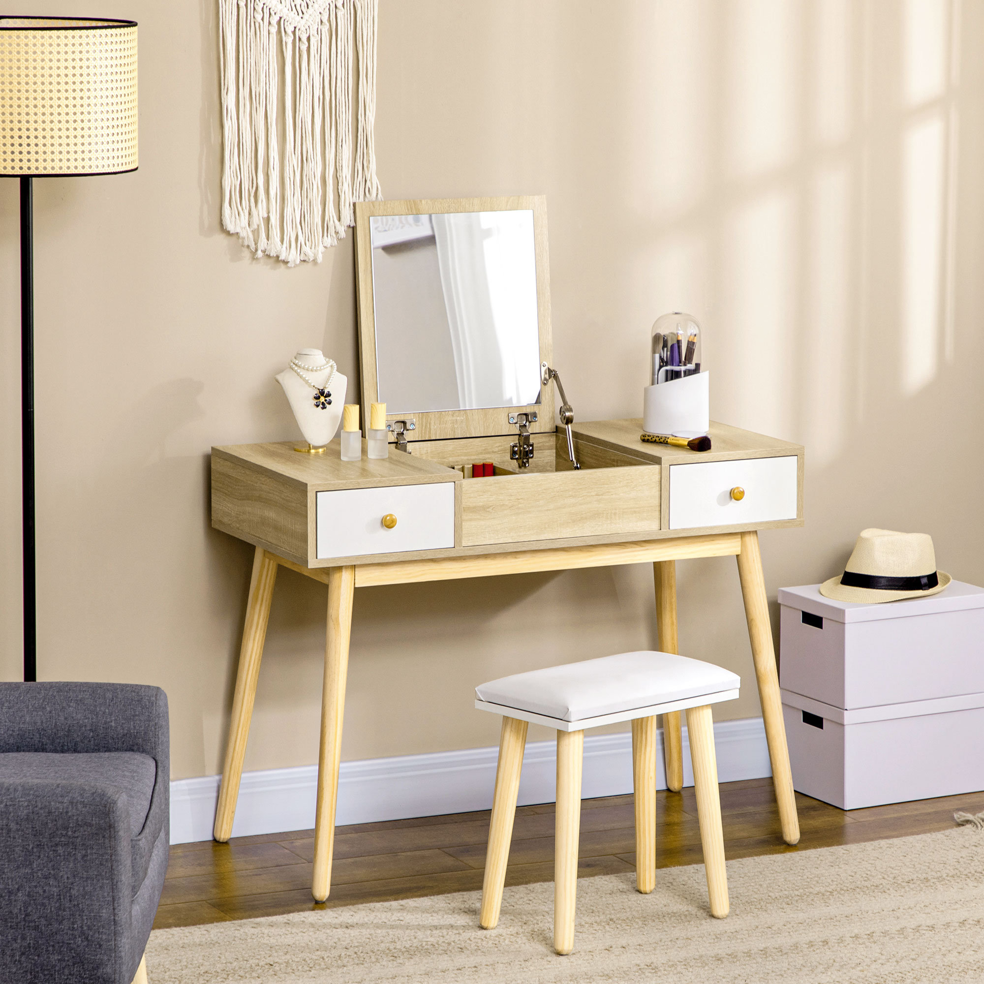 Wrought Studio™ Dressing Table Set With Flip Top Mirror And Cushioned ...