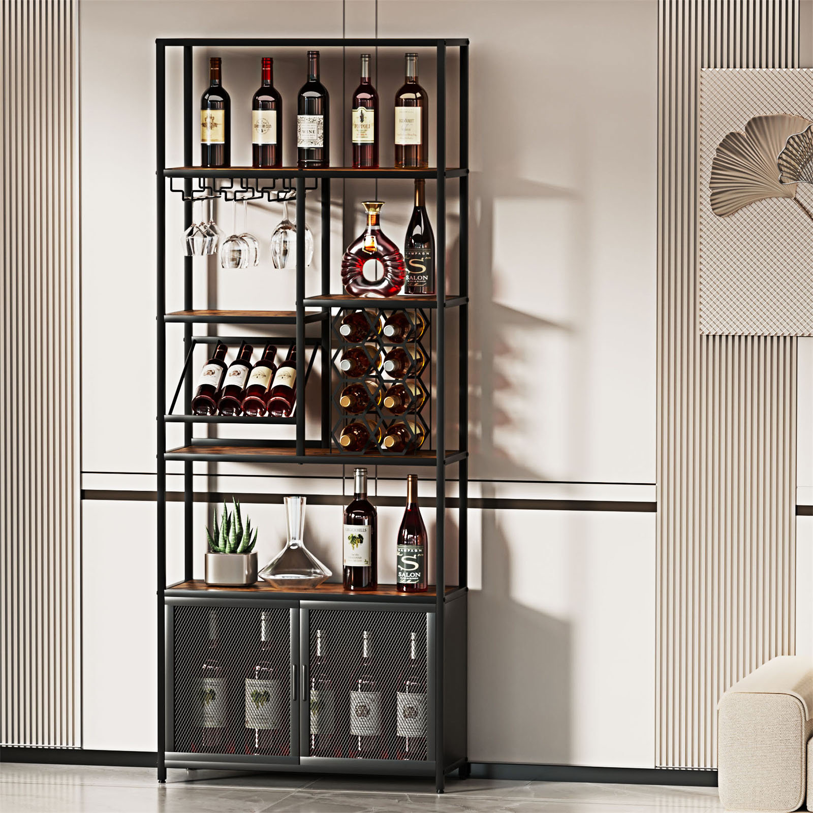 17 Stories Industrial Tall Bar Wine Rack Cabinet with Glass Holder Wood ...