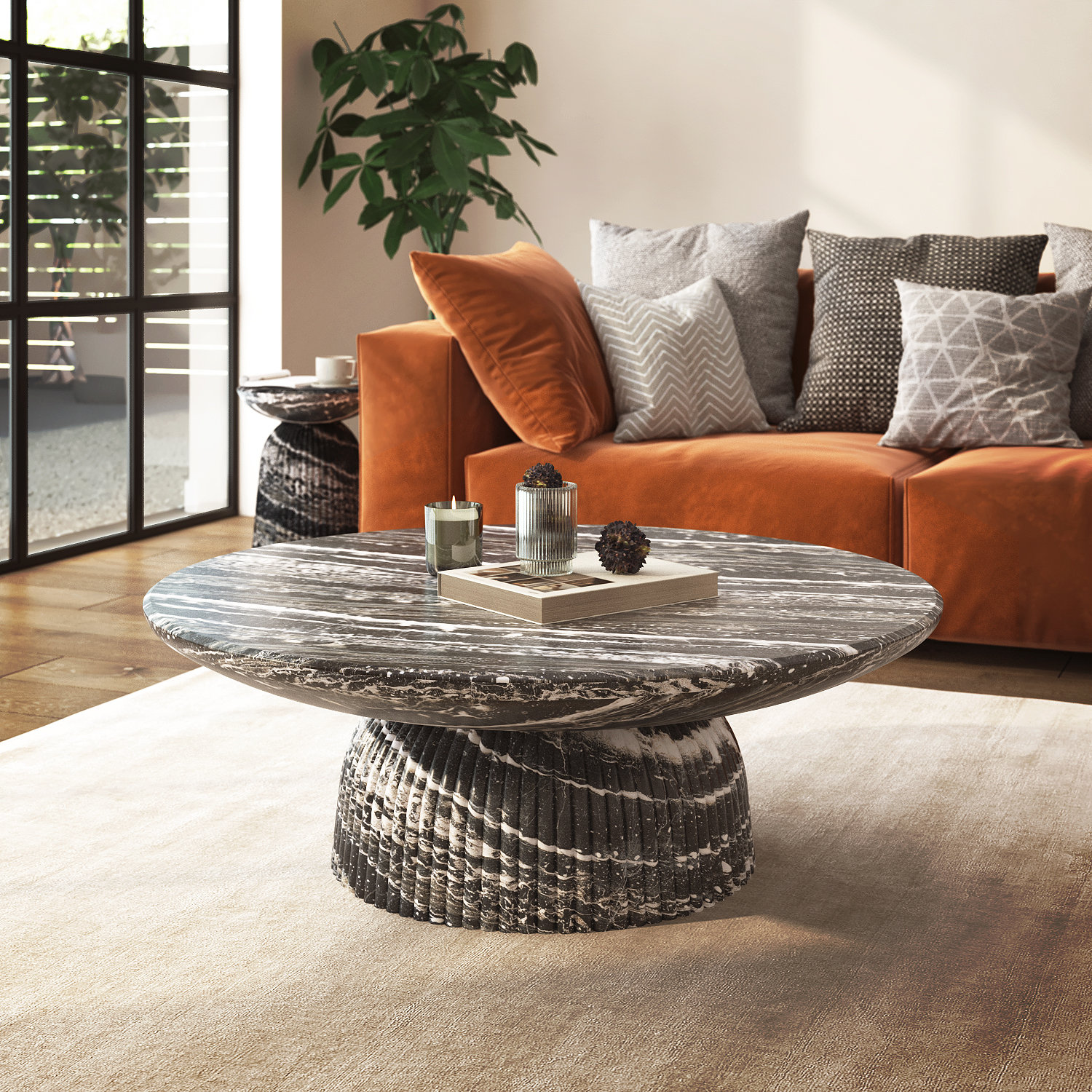 Foundry Select Tithi Single Round Coffee Table Stone Marble effect for Living Room Contemporary ...