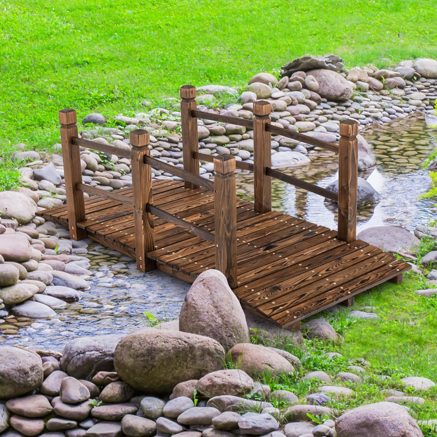 INKEDZ 5 FT Wooden Garden Bridge, Arch Stained Finish Footbridge with ...