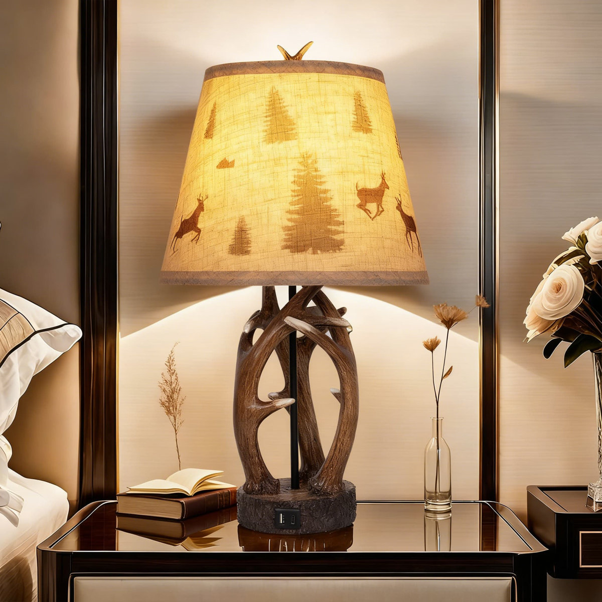 Everly Quinn Set Of 2 Rustic Western Deer Table Lamps With Nightlight ...