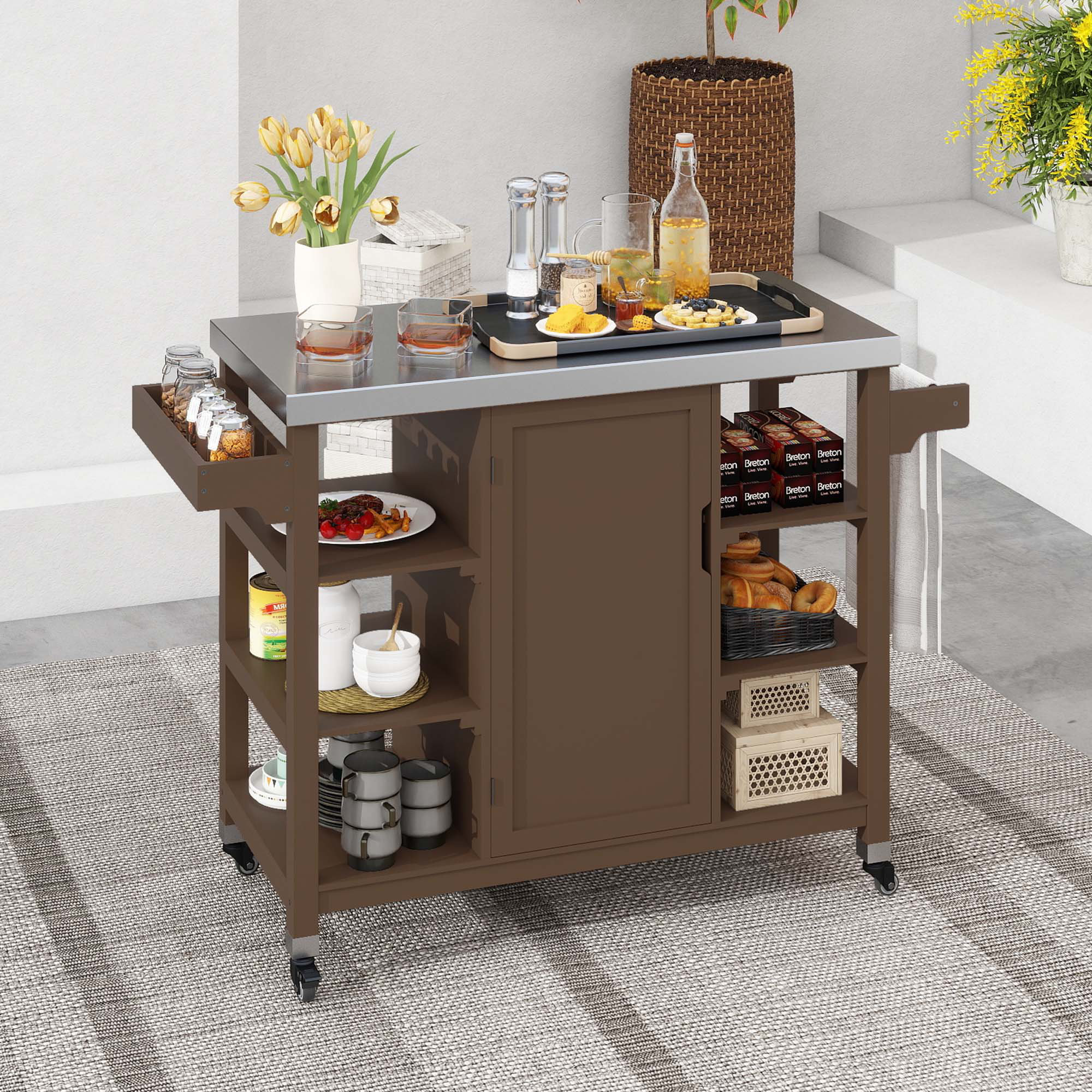 Gracie Oaks Outdoor Cart Solid Wood Movable Table With Stainless Steel ...