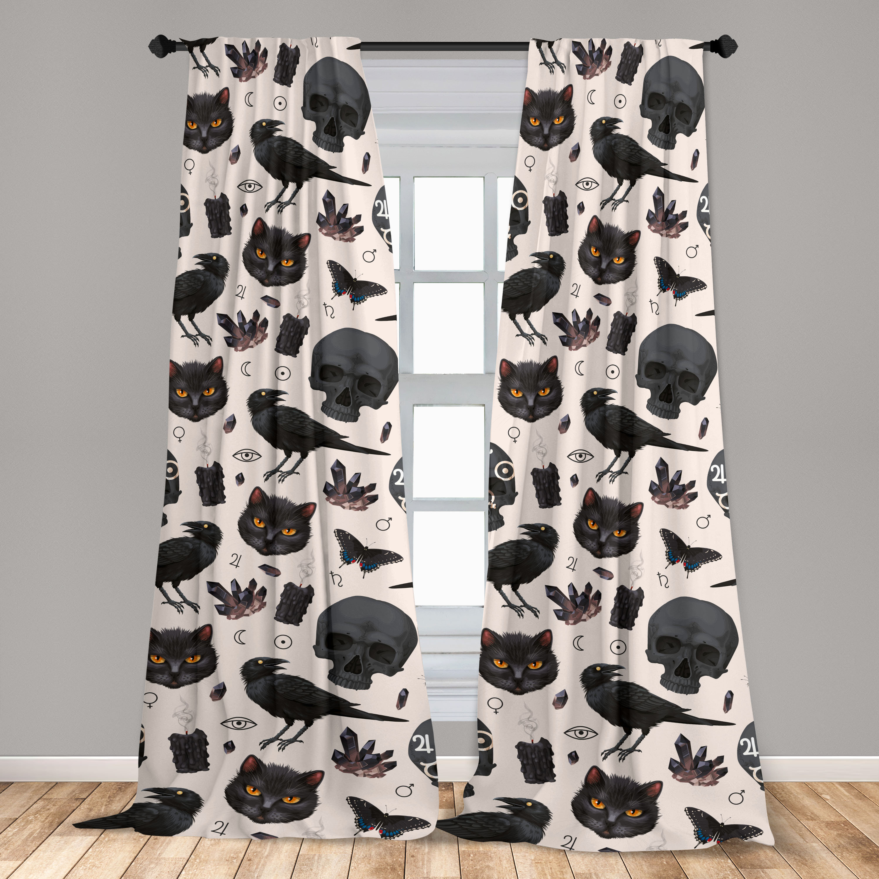 The Holiday Aisle® Halloween Curtains Black Cat Raven Print Pair 428010 ...