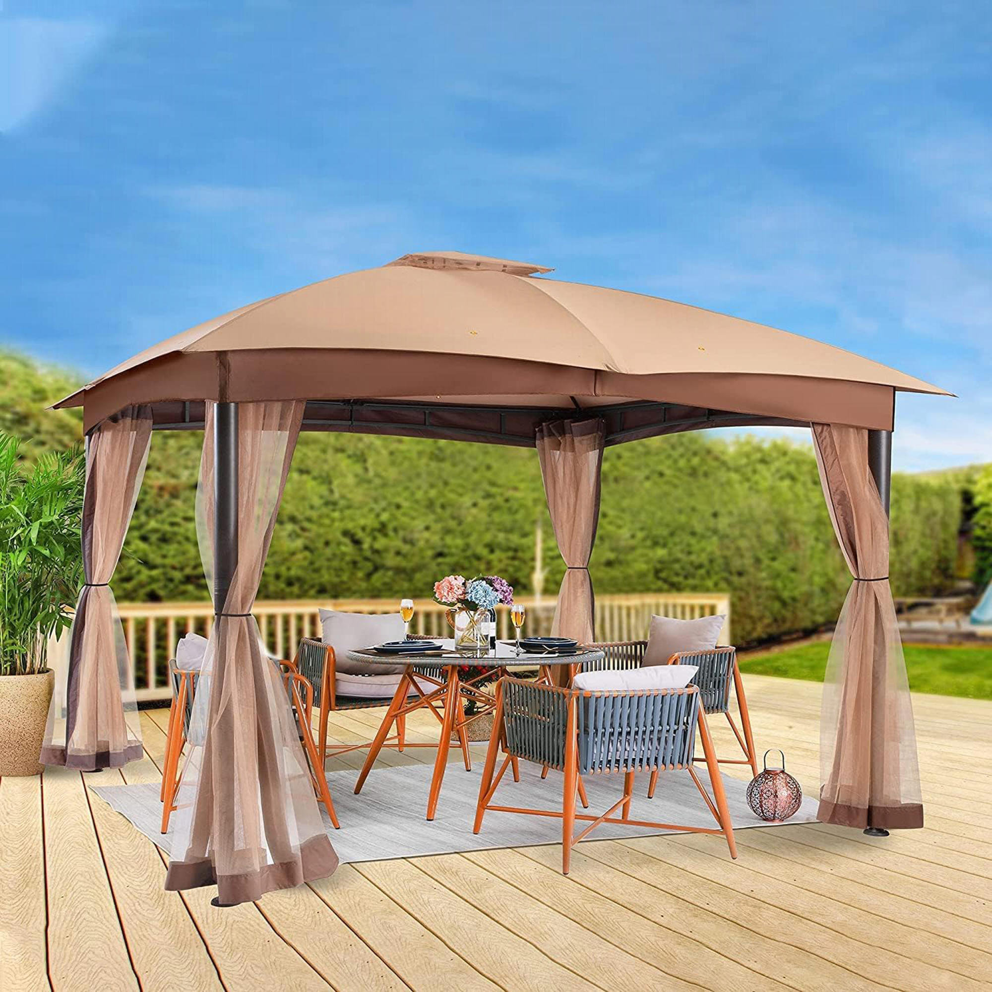Huahui 10X12 Ft Khaki Patio Gazebo - Double Vent Canopy With Privacy ...