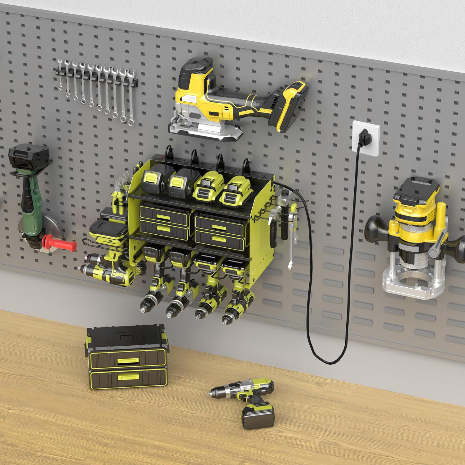 17 Stories Wall Mounted Drill Organizer With Power Strip - Holds 4 ...