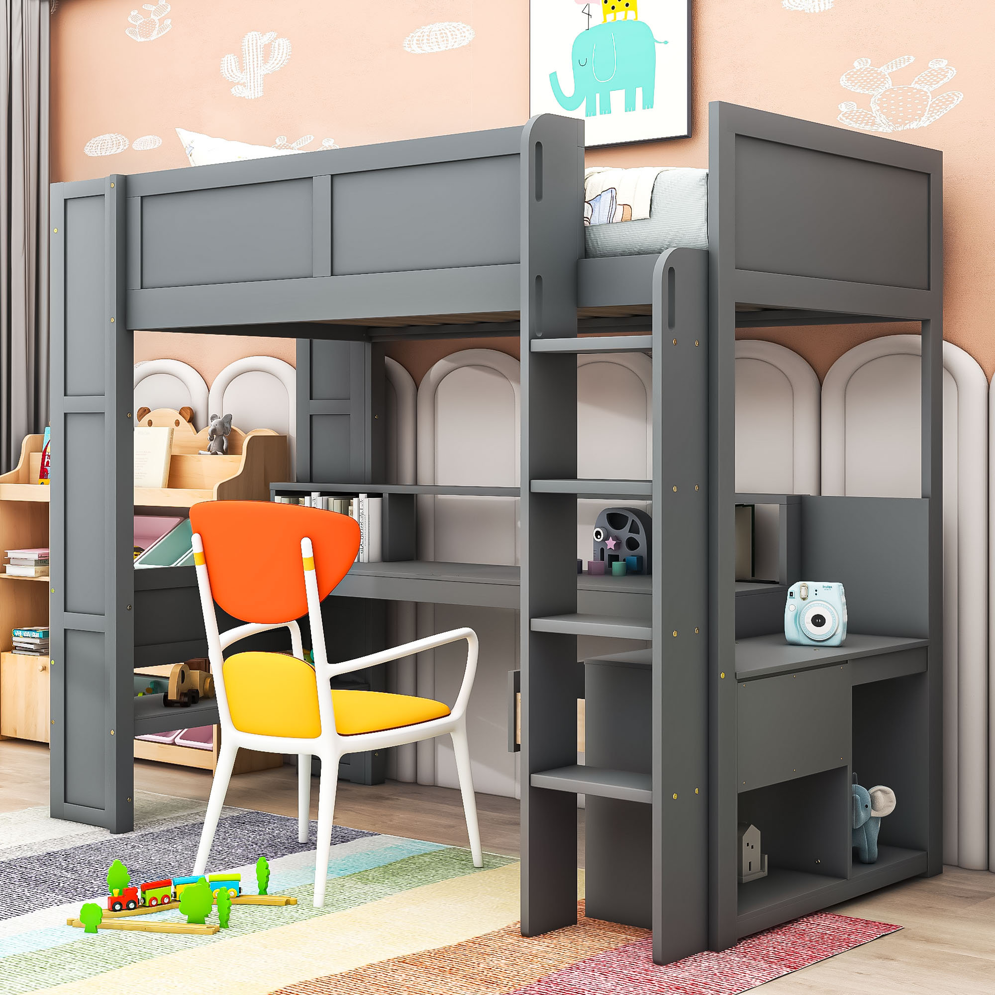 Harriet Bee 1 Drawer Wood Gaming Loft Bed With Desk, Shelves, LED ...