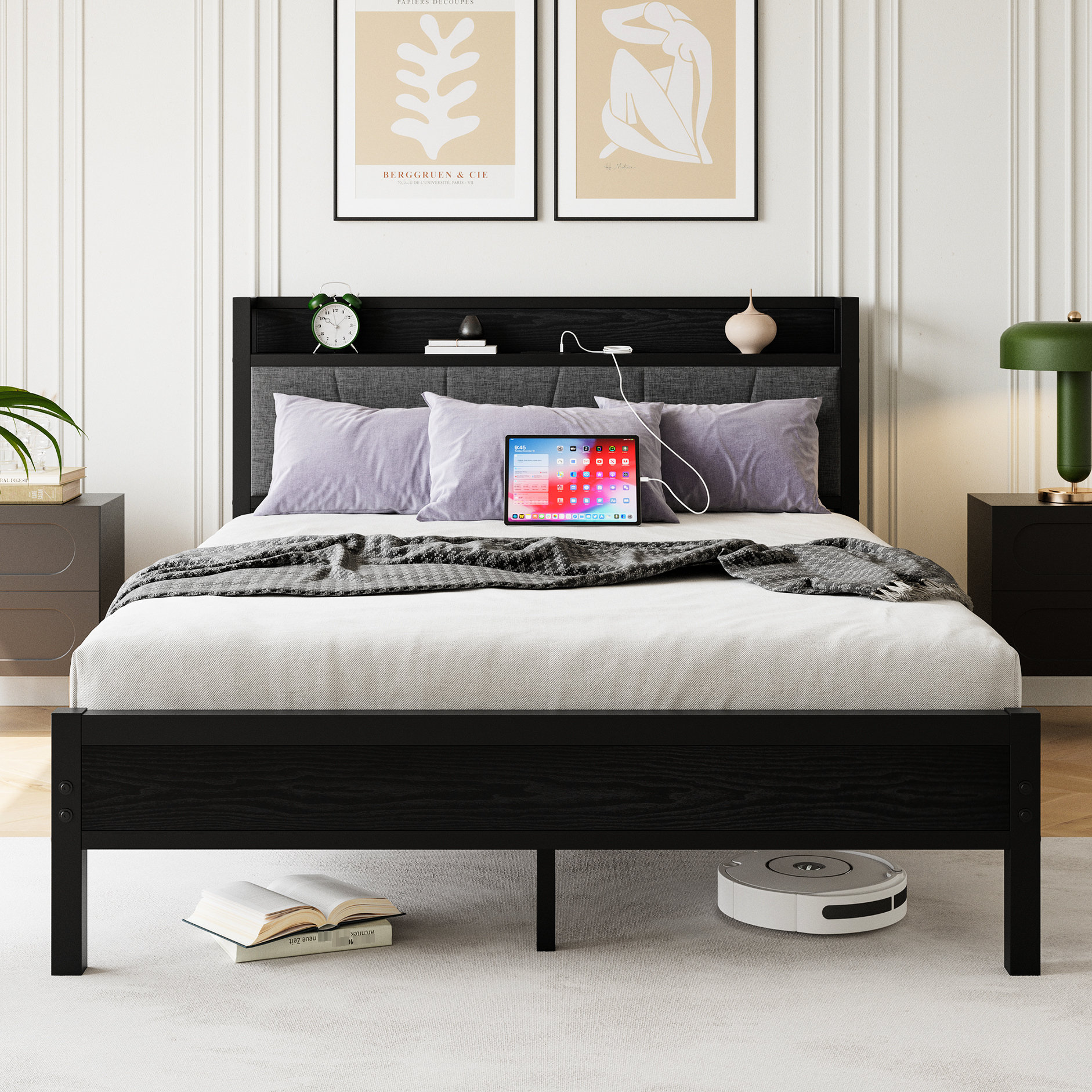 Latitude Run® Stable Queen Bed Frame - Storage Headboard For Organized ...