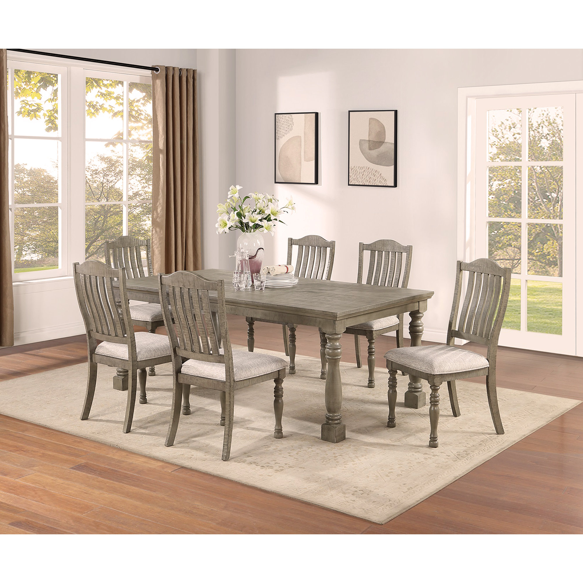August Grove® Dining Table 6x Side Chairs 7pcs Dining Set Light Grey ...