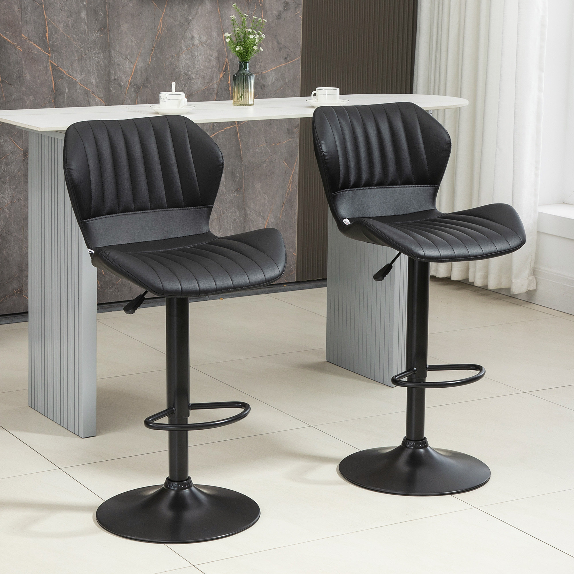 Orren Ellis Shell Back Bar Stool Set Of 2, PU Leather Adjustable Swivel ...