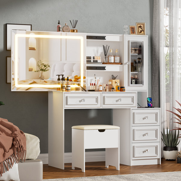 Wrought Studio™ Makeup Vanity Desk Set With Led Lighted Sliding Mirror ...