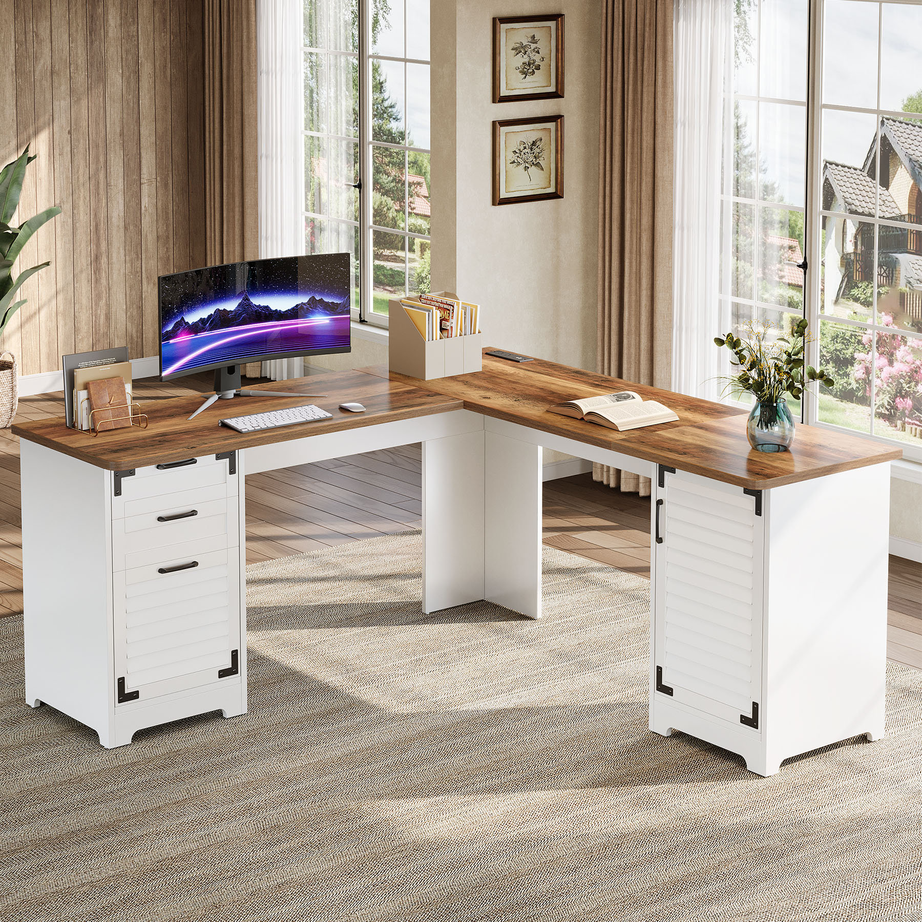 Lark Manor™ L Shaped Computer Desk with Power Outlets, Farmhouse Corner ...