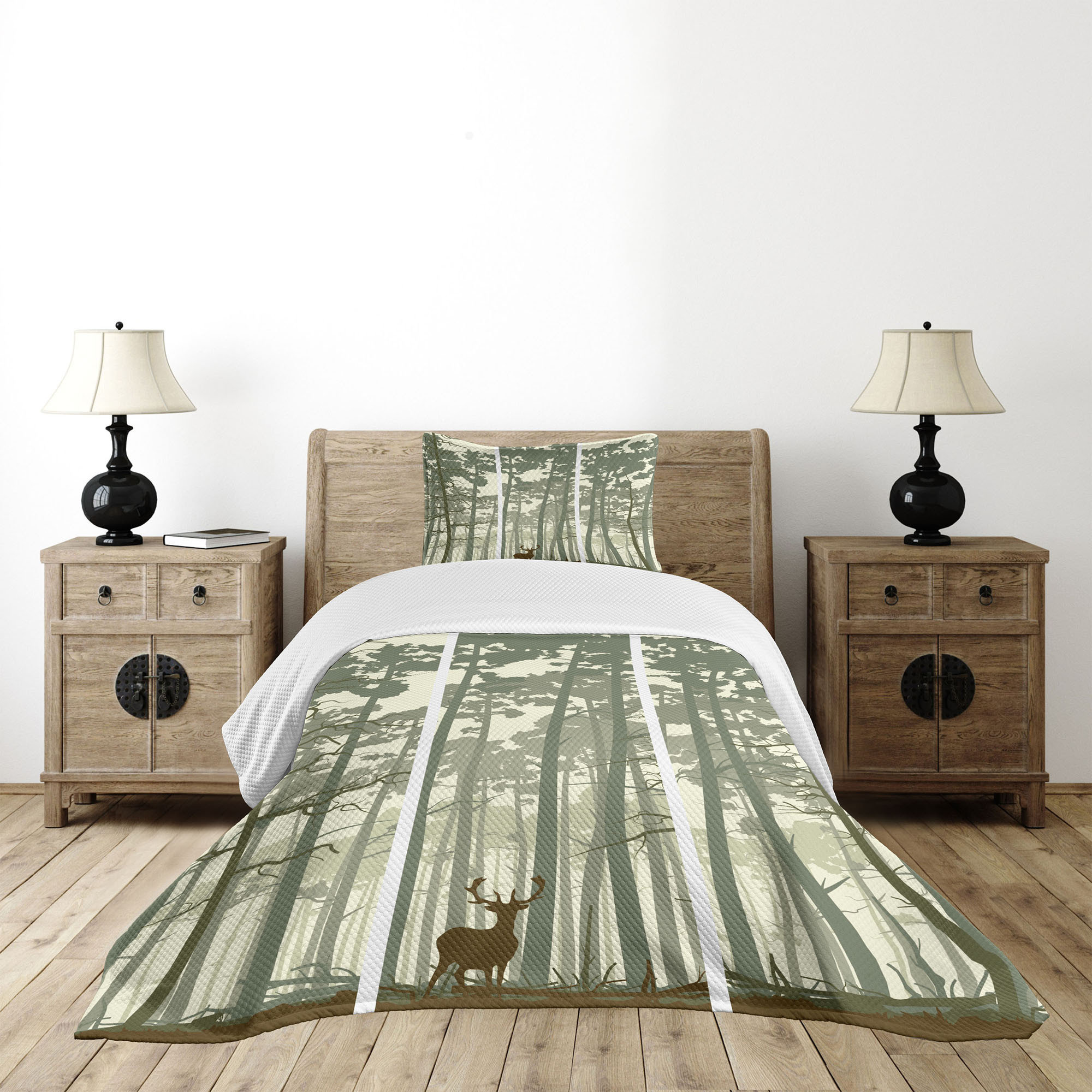 Ambesonne Forest Bedspread Set Pine Trees Deer Motif Sage Green Cream ...