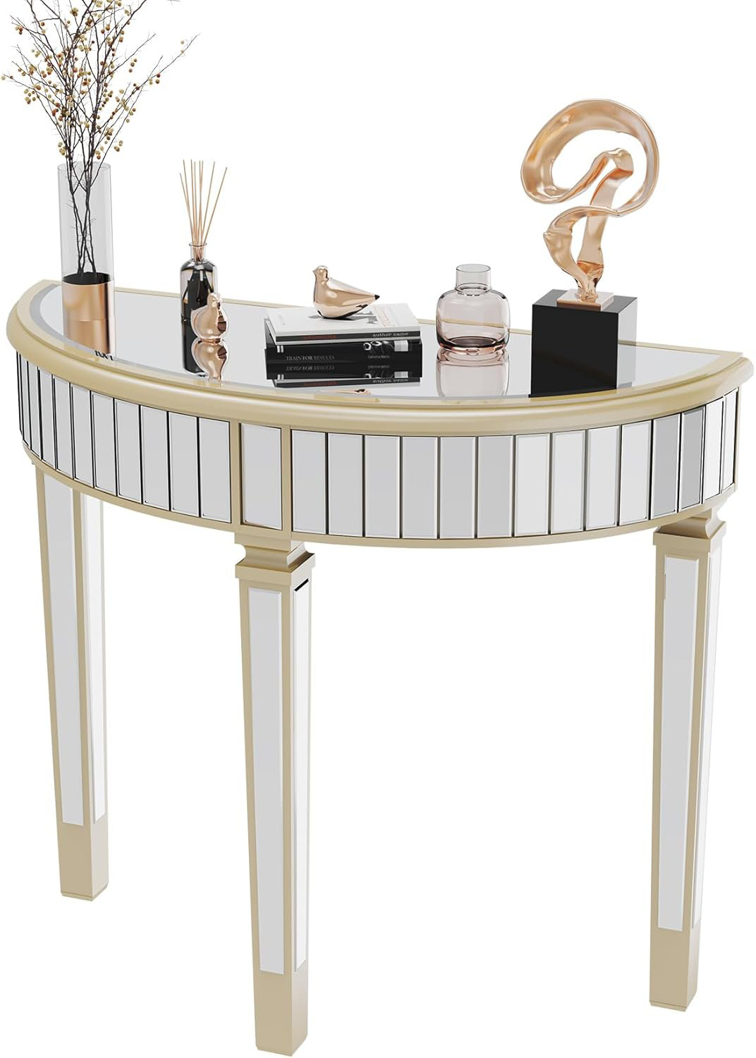 Everly Quinn Art Deco Half-Moon Mirrored Console Table With Beveled ...