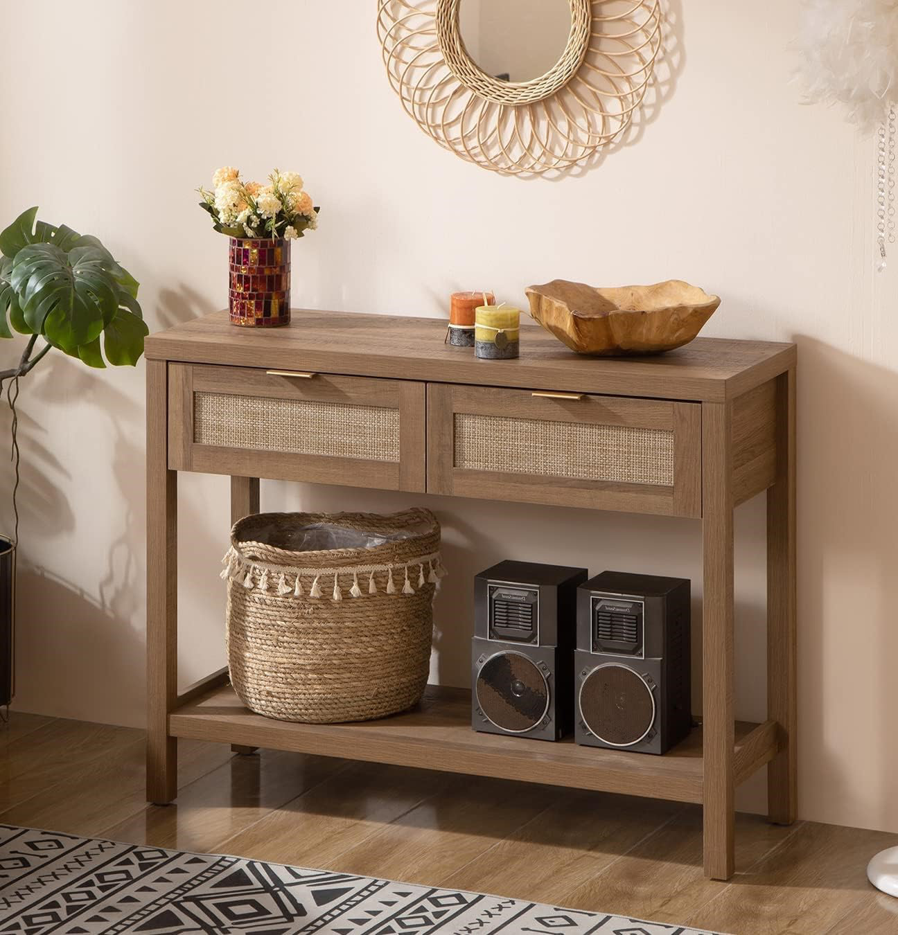 Bayou Breeze Console Table with Rattan Drawers, Rustic Boho Rattan ...