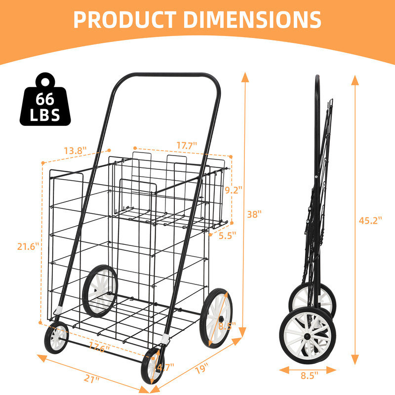 Sangdo Utility Shopping Cart with Double Basket, Foldable Rolling Carts ...
