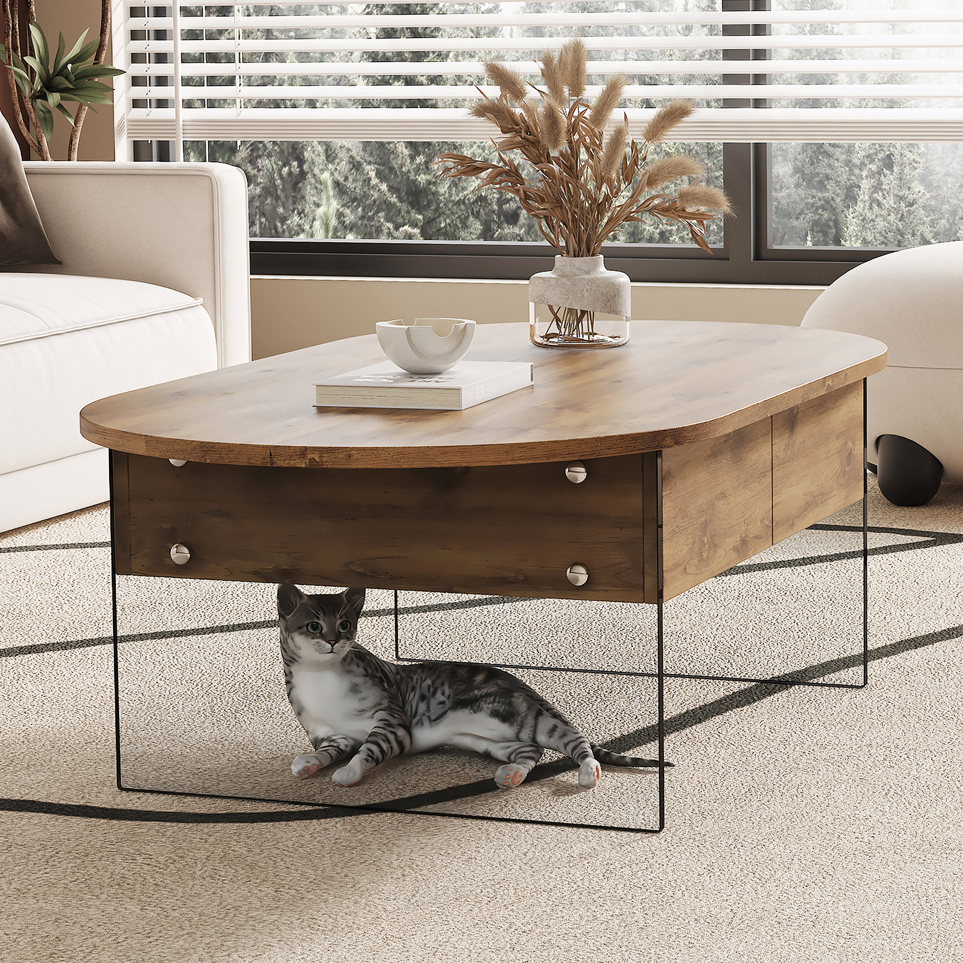 Millwood Pines Cozy Natural Oval Double Drawer Coffee Table - 43.3"x23 ...