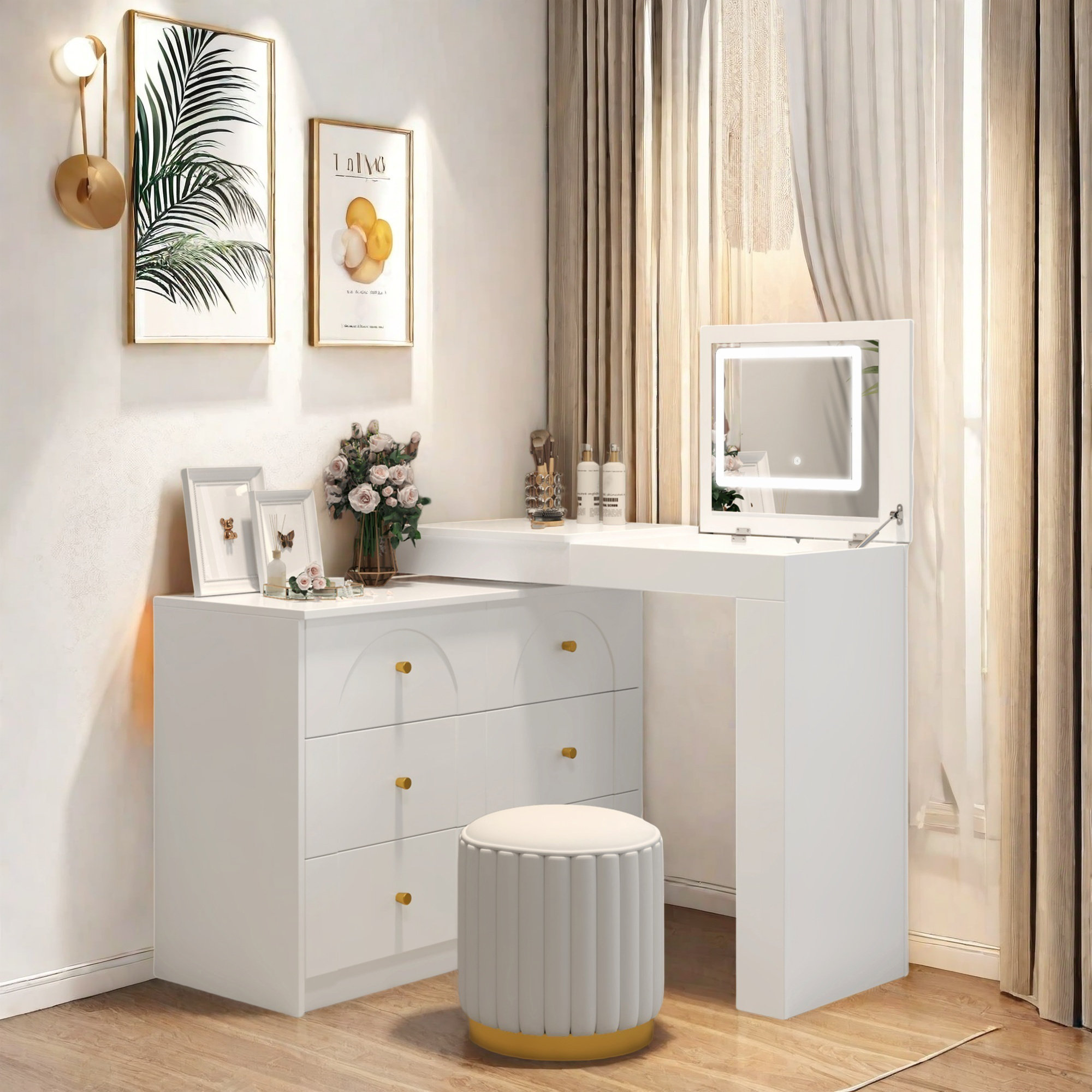Orren Ellis Convertible Vanity Desk with Flip-Top Mirror, LED Lighting ...
