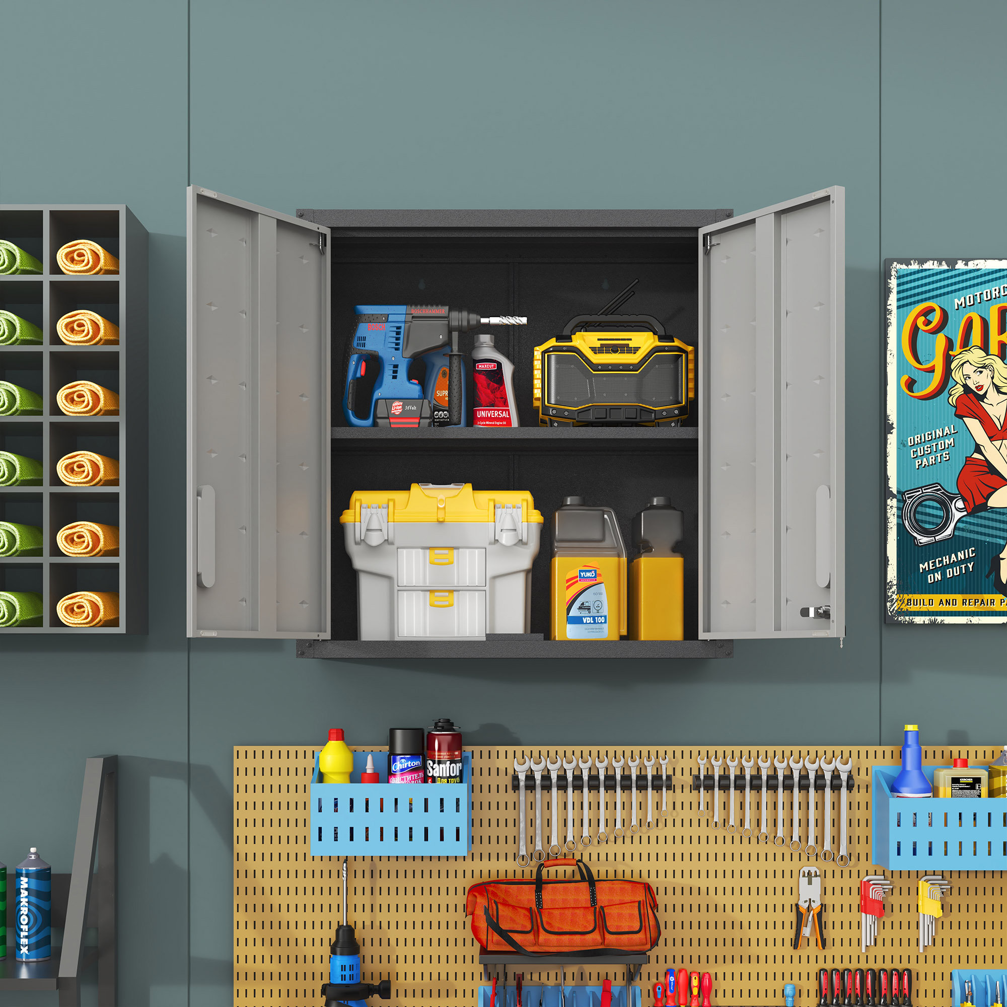 Ebern Designs Metal Wall-Mounted Tool Storage Cabinet With Locking Door ...