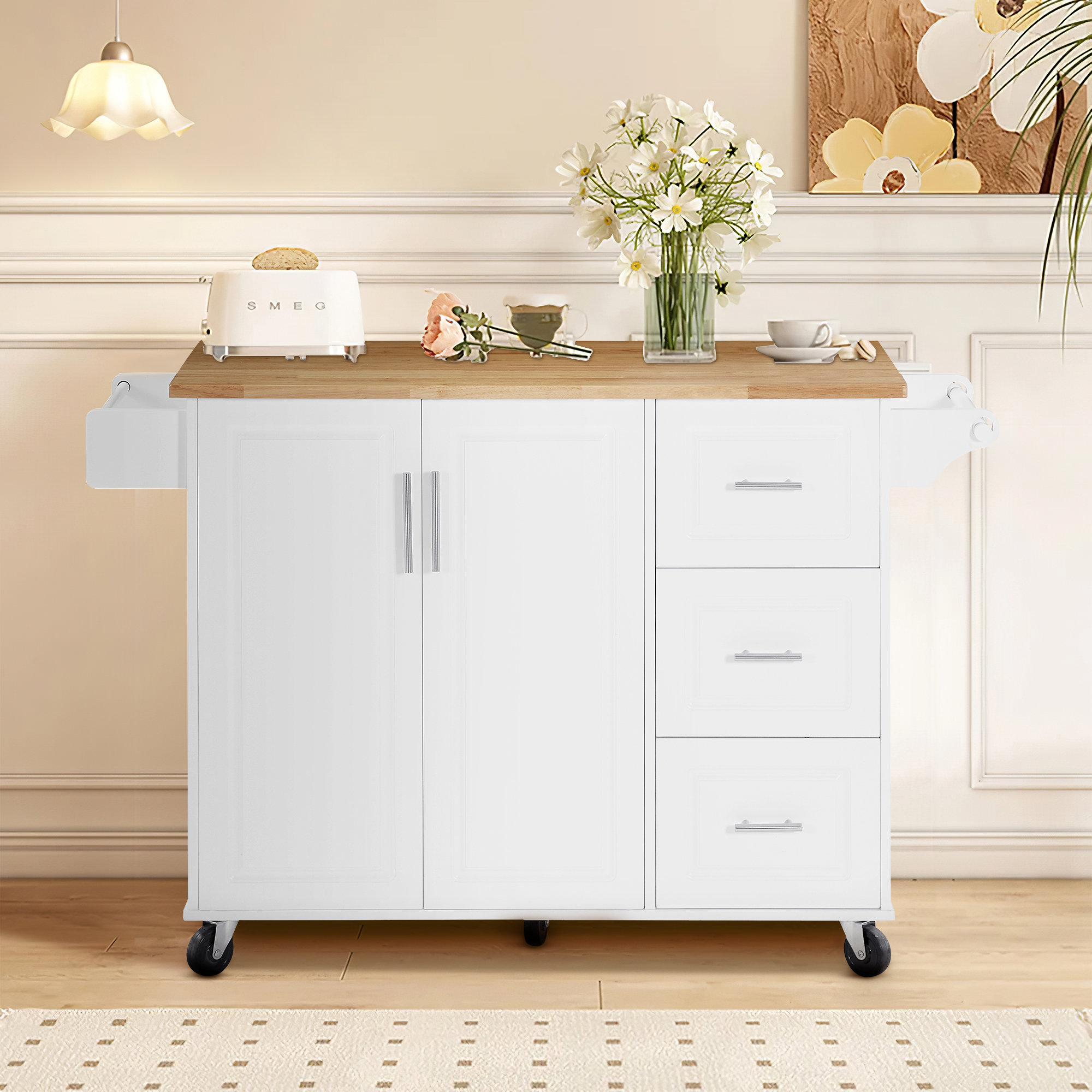 Lark Manor 35.4”H Wooden Mobile Kitchen Island Cart With Drop Leaf Countertop 3 Drawers 2 Doors ...