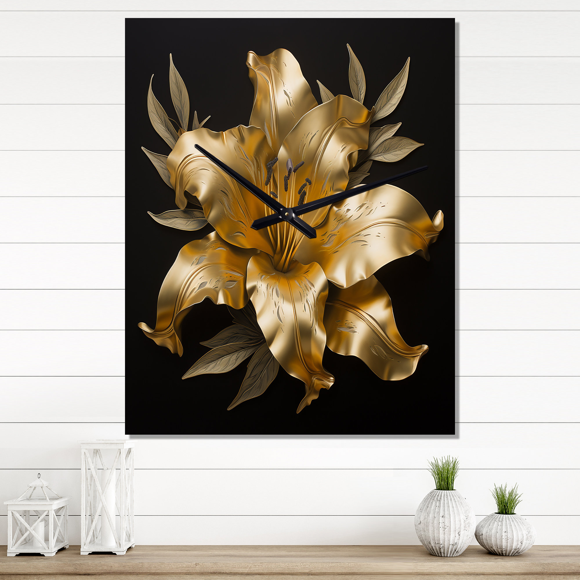 Design Art Golden Lily Flower Glam VI - Lily Wall Clock Oversized | Wayfair