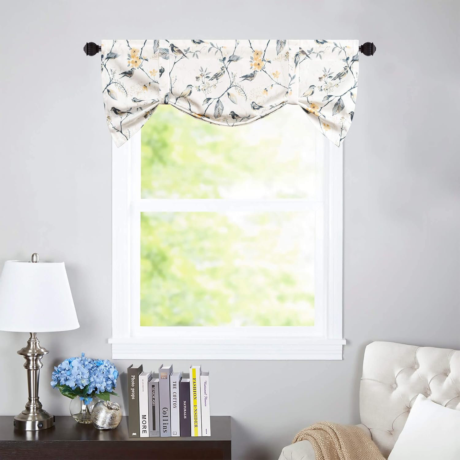 RAPTIZ Tie Up Valances For Kitchen Windows, Gray Birds And Floral Print ...