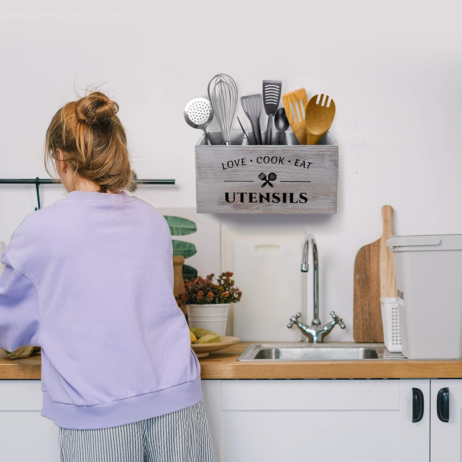 Gracie Oaks Utensil Holder With 3 Compartments, Rustic Utensil Caddy ...