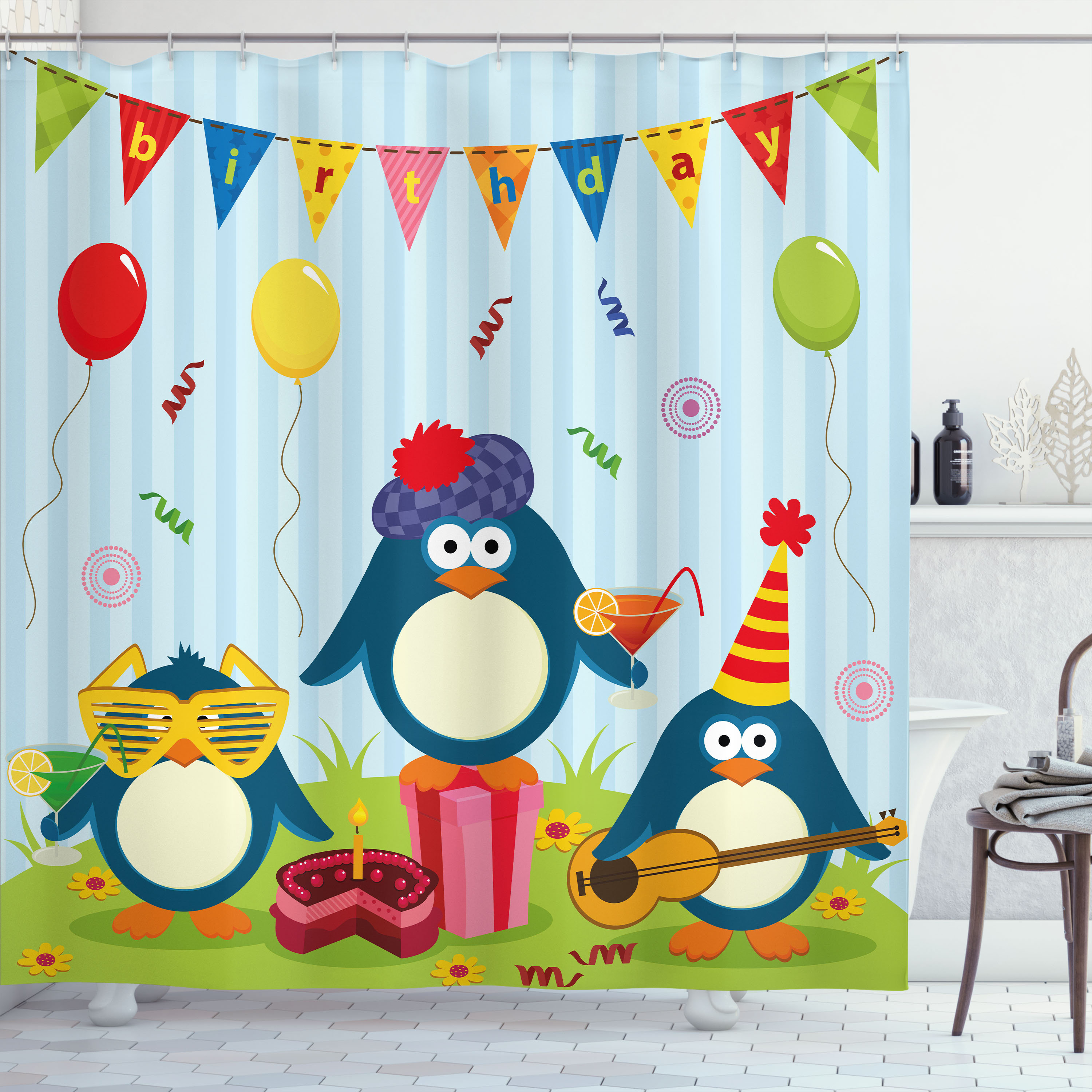 Ambesonne Birthday Shower Curtain Birthday Penguin Fern Green Pale Blue ...