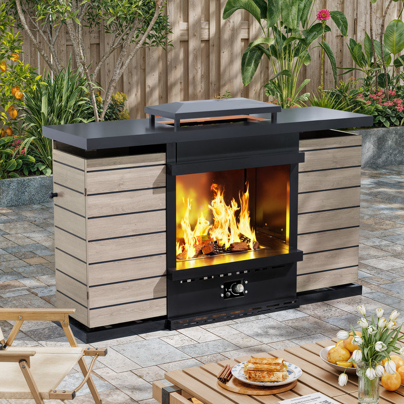 17 Stories 5000 BTU Modern Outdoor Steel Gas Fireplace with PV Rain ...