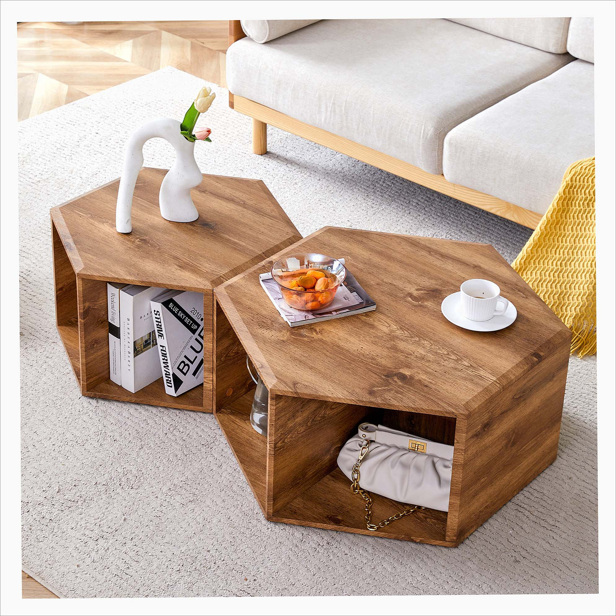 Millwood Pines Modern Minimalist Wood color Hexagonal Living Room Table Sets.Hexagonal MDF ...