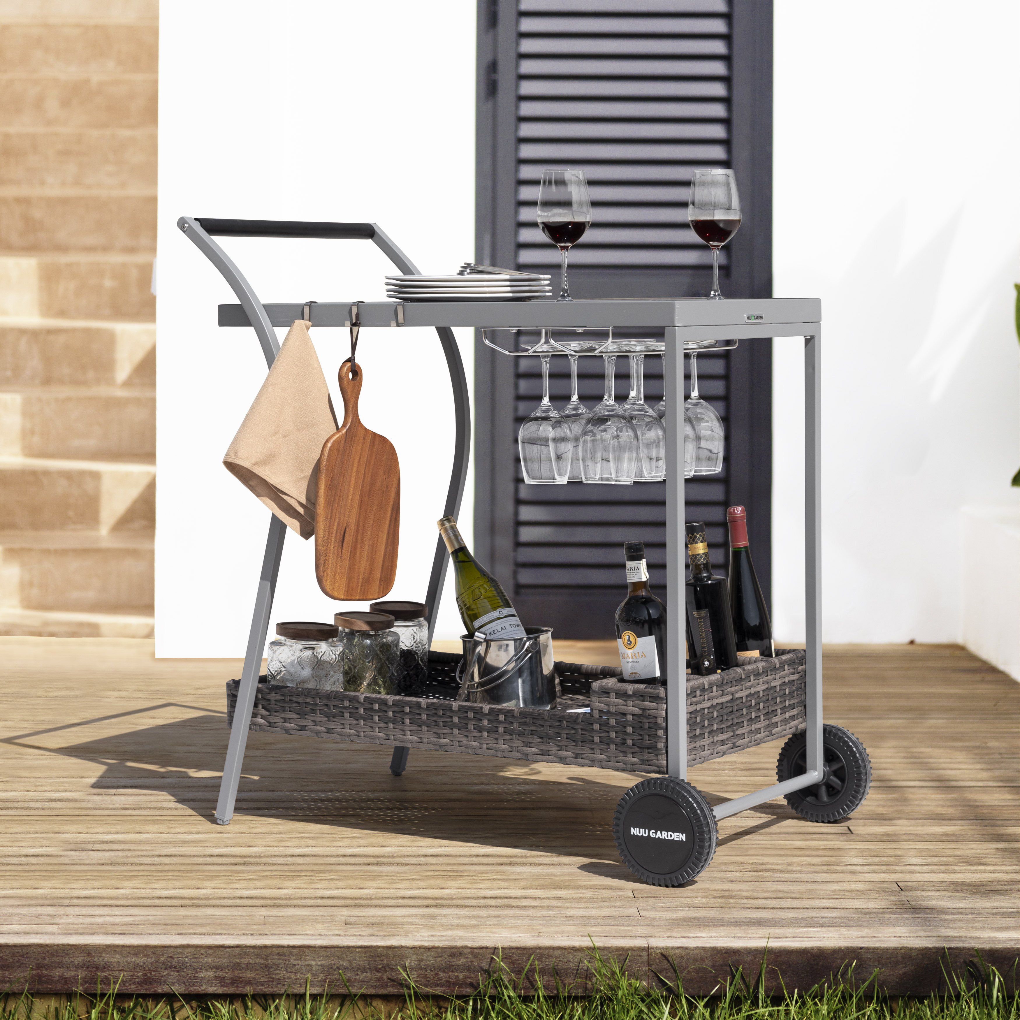 NUU GARDEN Outdoor 2-tier Wicker Bar Cart On Wheels With Tempered Glass ...